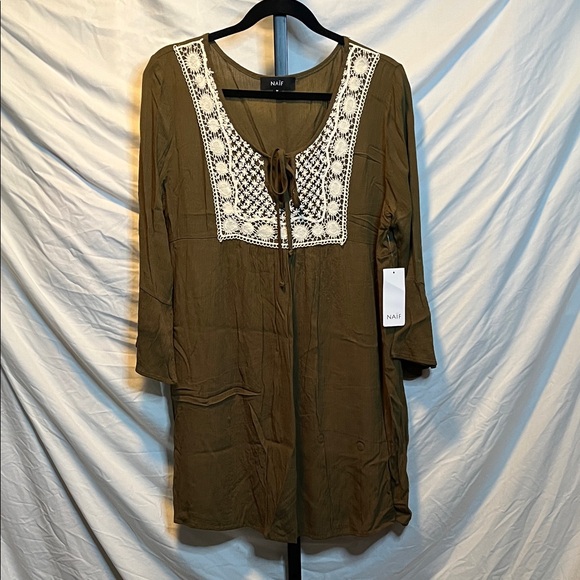 NAIF | Dresses | Nwt Naif Olive Green Mini Dress With White Embroidery ...